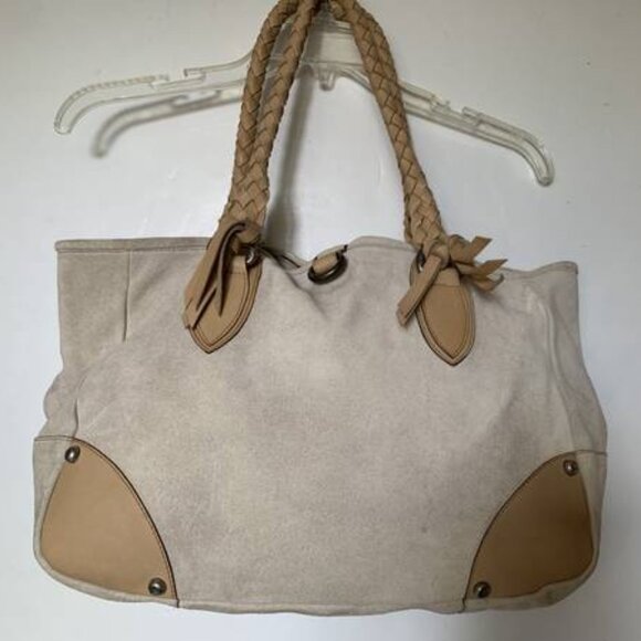 Falor | Bags | New Falor Taupe Suede Italian Leather Handbag With Tan ...